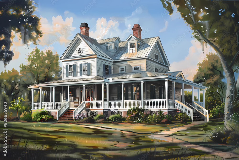 Southern Colonial Style House (Encaustic Painting) - Originated in the ...