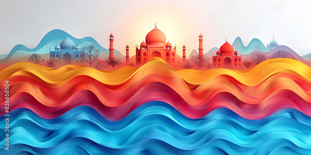 Artistic depiction of the Taj Mahal with flowing colorful waves and a ...