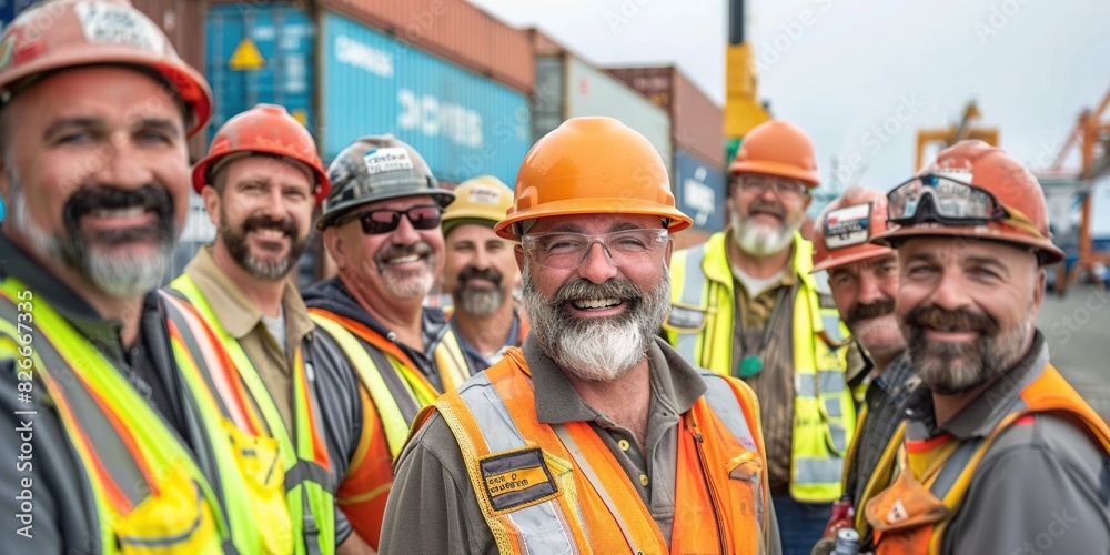 Smiling Middle-Aged Men in Safety Vests and Hard Hats Next to Shipping ...