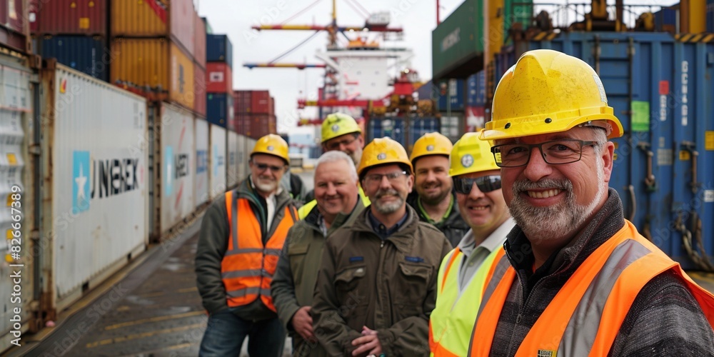 Smiling Middle-Aged Men in Safety Vests and Hard Hats Next to Shipping ...