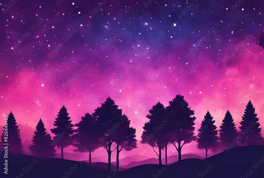 Nature landscape with gradient blue, violet and pink starry sky ...