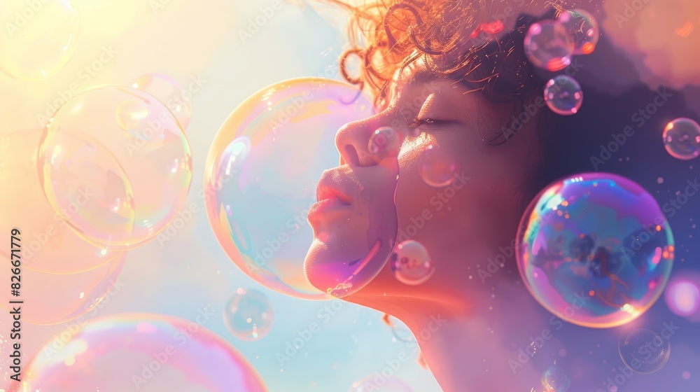 A person blowing a giant bubble, with a look of joy and wonder on their ...