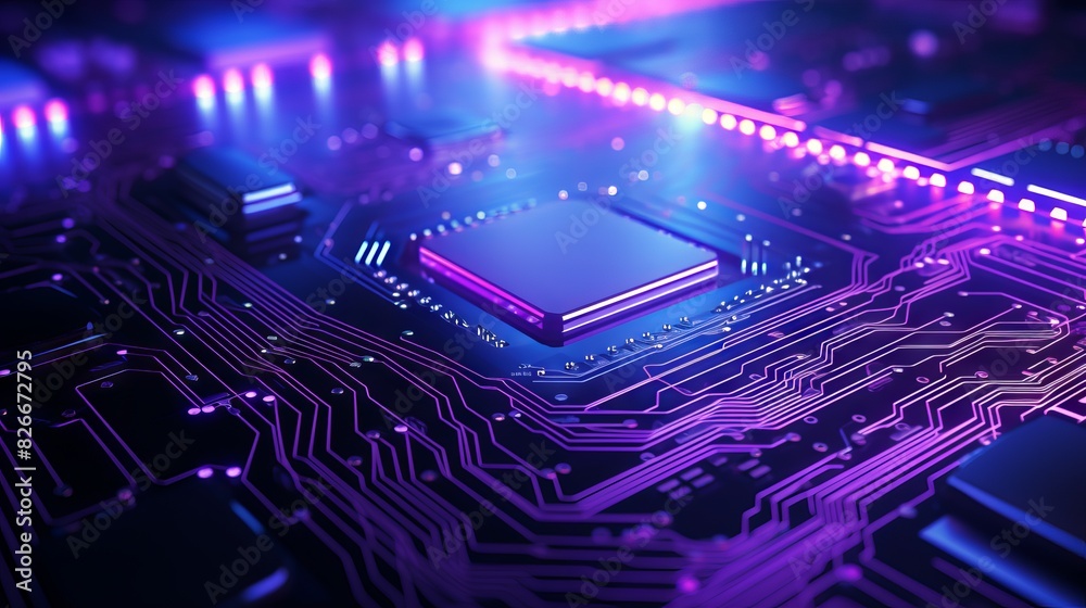 Futuristic digital integrated network technology on a neon purple and ...