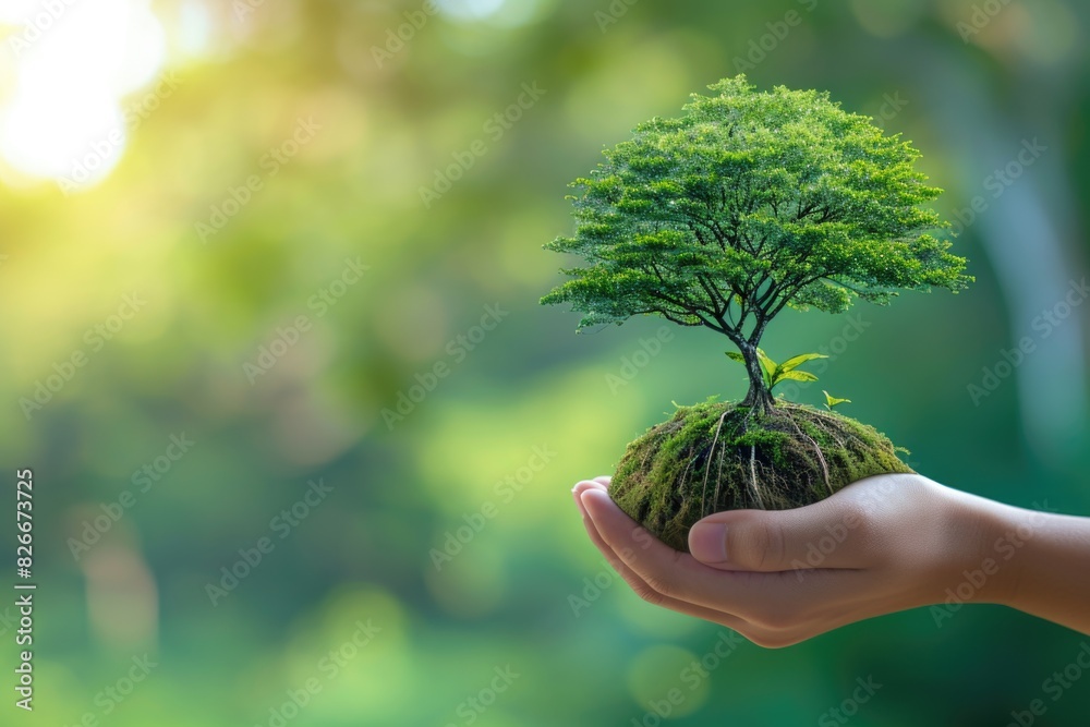 A hand holding a tree with its roots in a pot. Concept of nurturing and ...