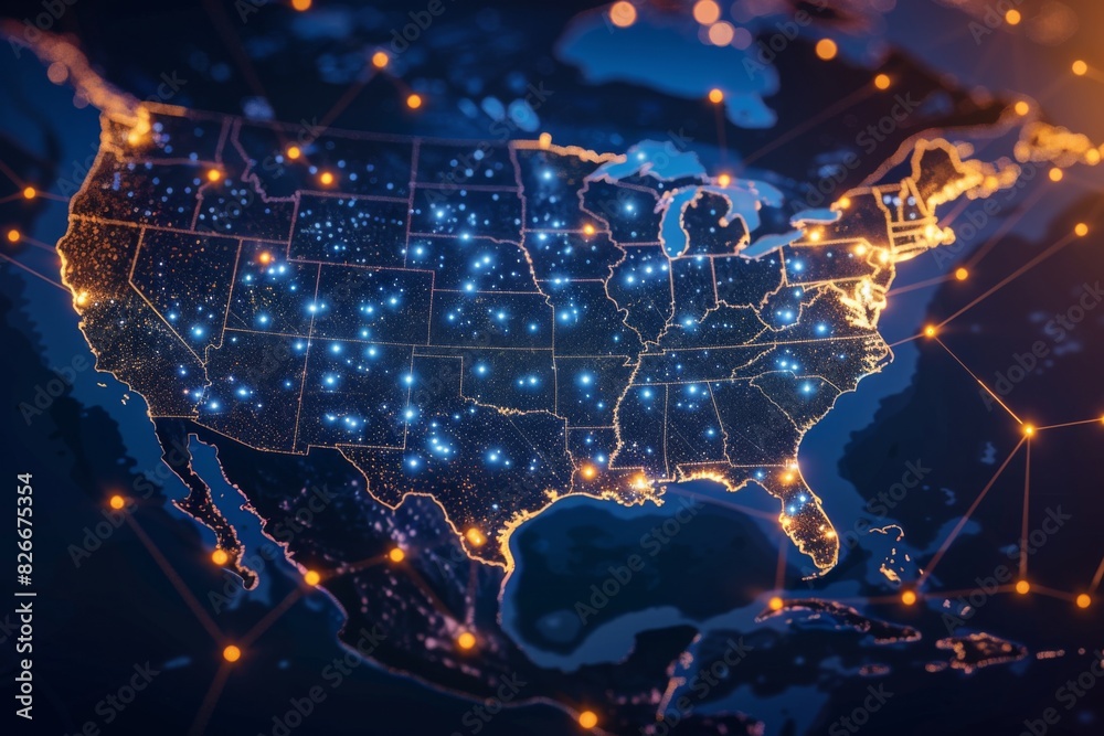 Digital map of america network connectivity created with generative ai ...