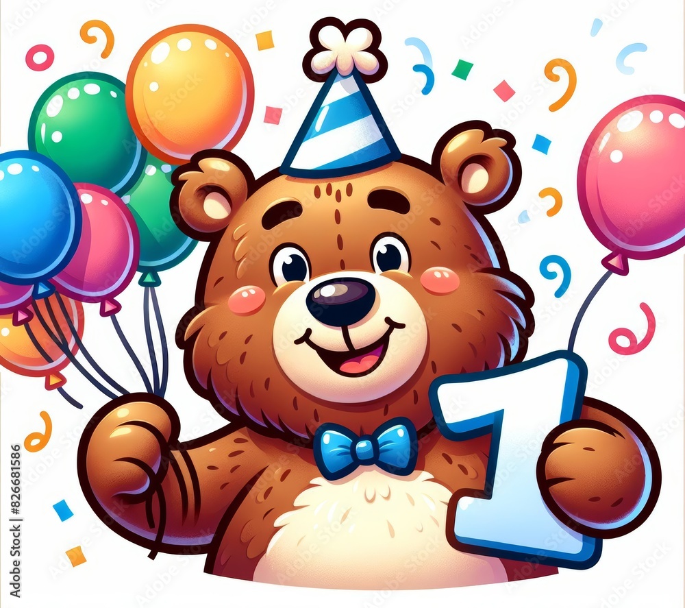Cartoon bear celebrating first birthday with balloons, party hat, and ...