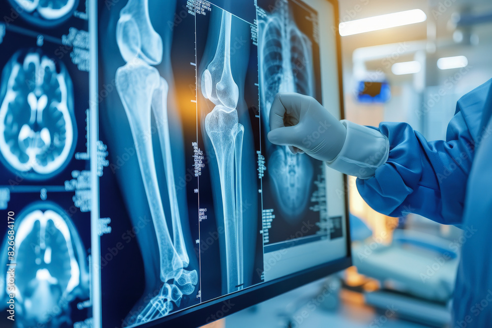 A medical professional examines a series of radiographic images ...