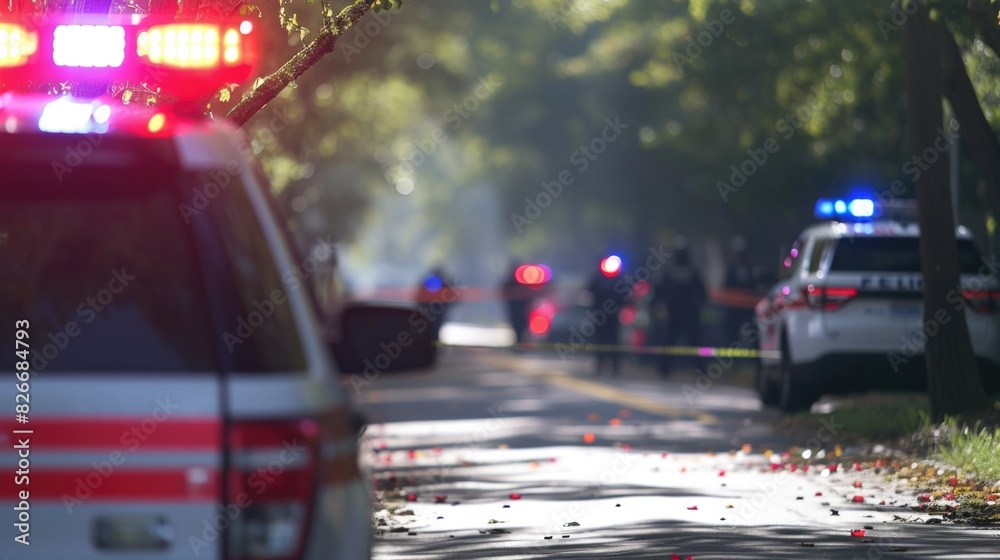 A police car is parked on the side of the road with its lights on. The ...