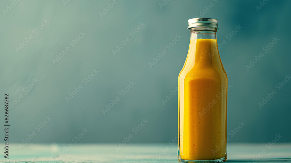Fresh mango juice in glass bottle. A refreshing glass bottle filled ...