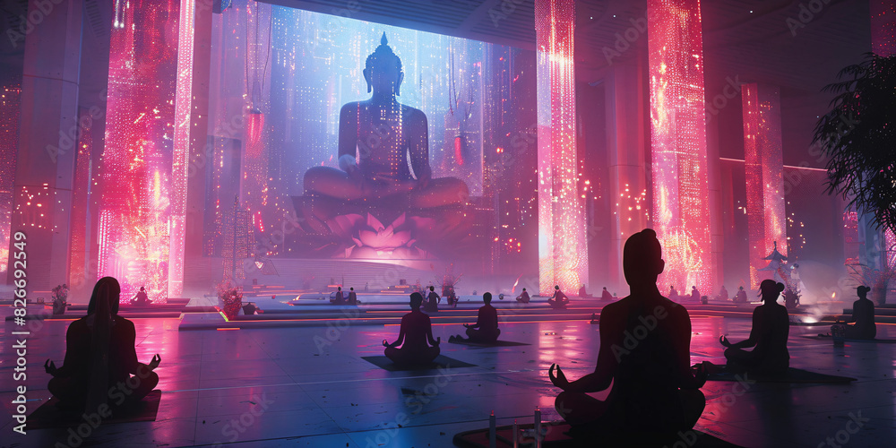 People meditating in front of a large digital Buddha projection ...