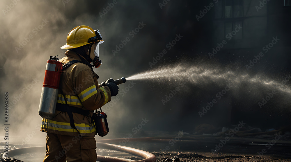 Portrait Rear view of Firefighter fighting flames with a fire hose ...