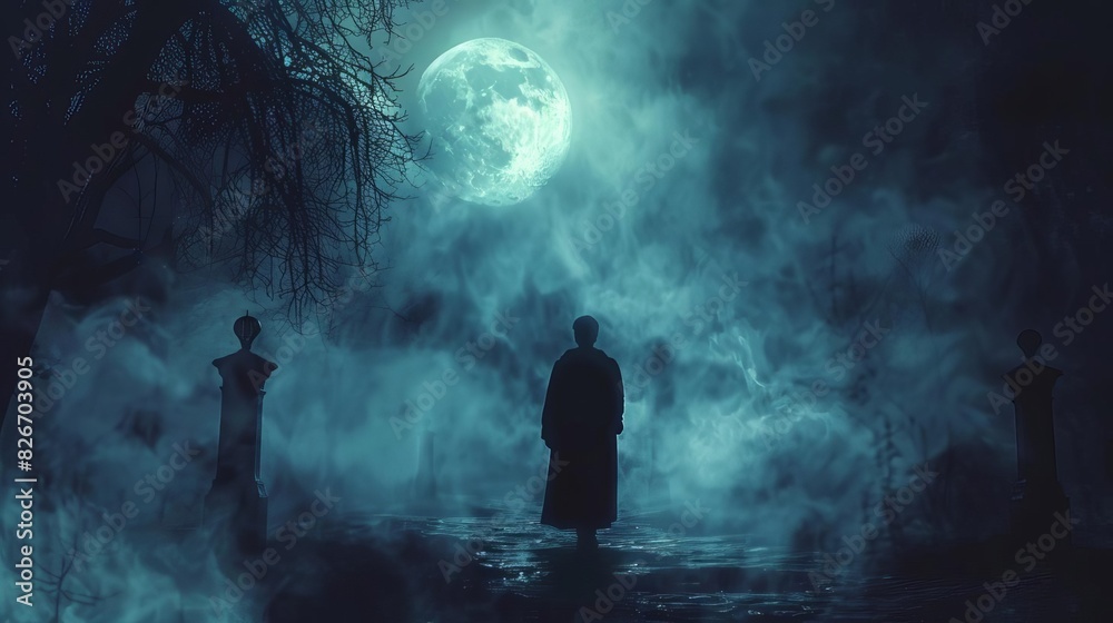 vampire standing under eerie moonlight dark gothic horror scene ...