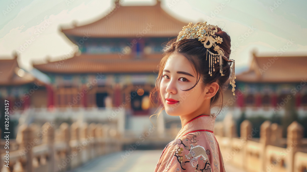 Beautiful woman in traditional chinese clothing at temple. Young woman ...