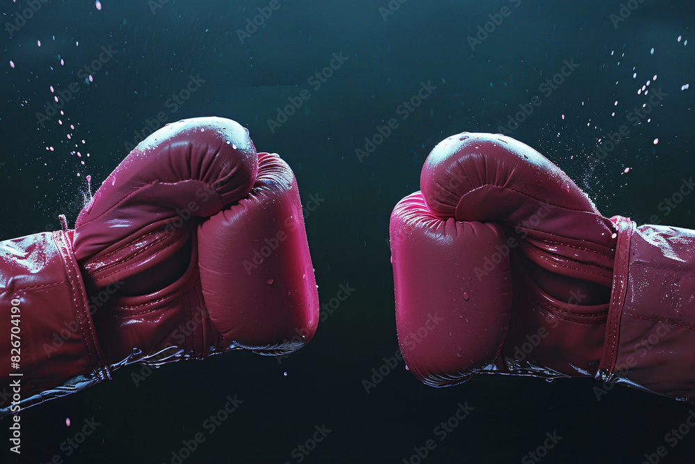 Two pink boxing gloves collide with force, sending a dynamic spray of ...