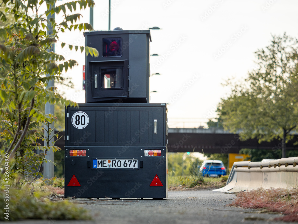 DRESDEN, GERMANY - 10. May 2024: Mobile speed camera on a trailer ...
