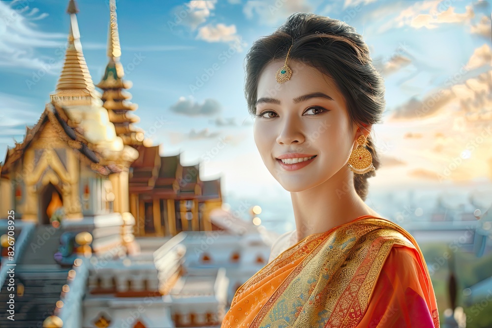 Beautiful girl in White Thai dress with red lotus flowers.Thai girl in retro Thai dress ...