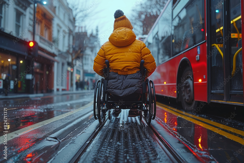 A person using a wheelchair-accessible ramp to board a public bus ...