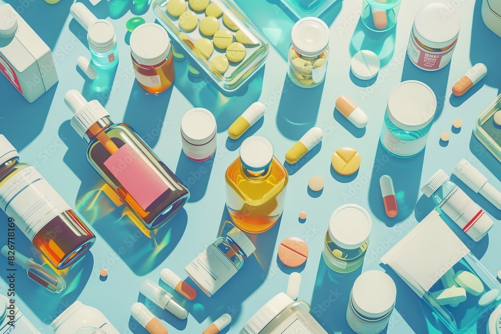 Cartoon drawing of an assortment of liquid medications and droppers ...