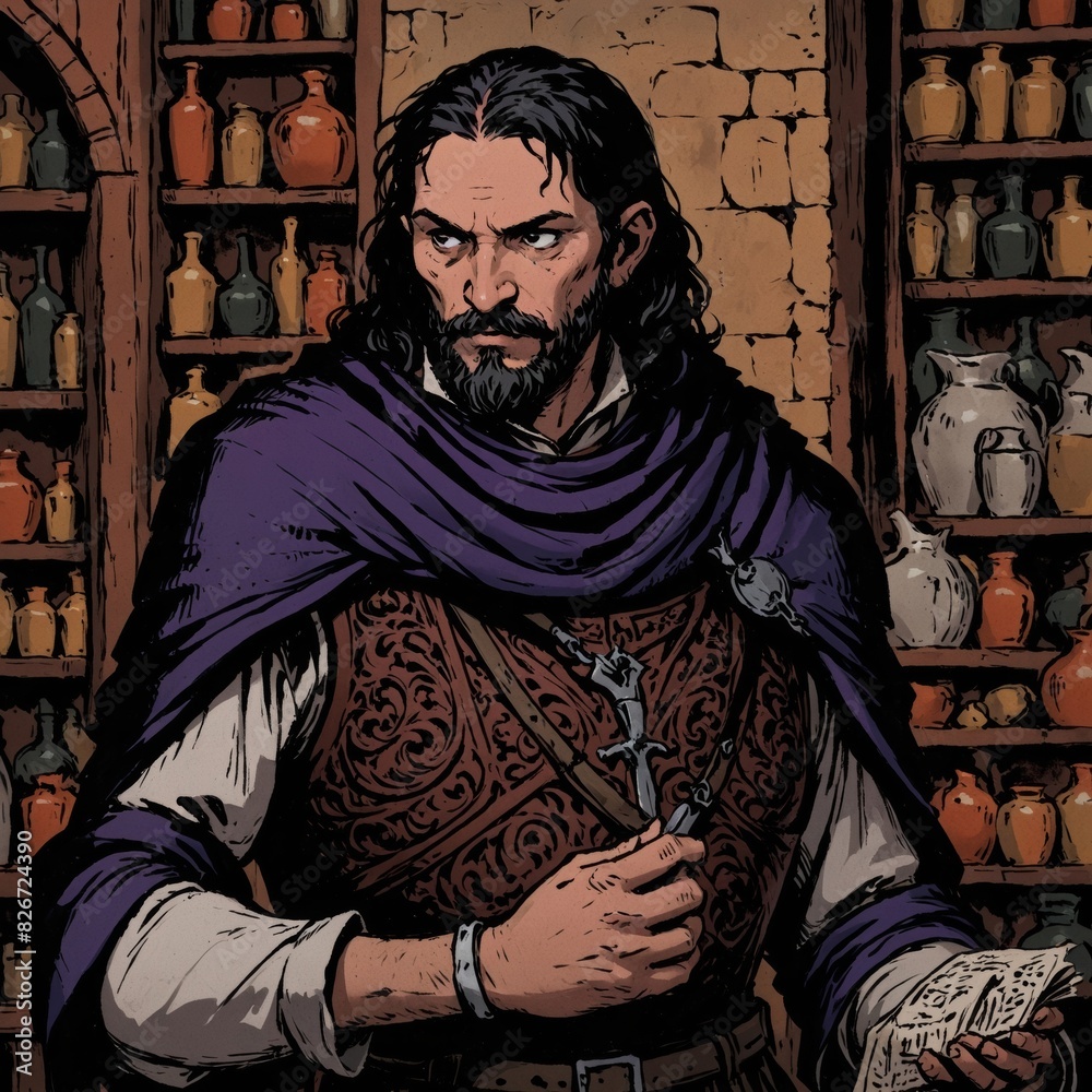 A comic style grown man merchant in medieval age, anime male selling ...