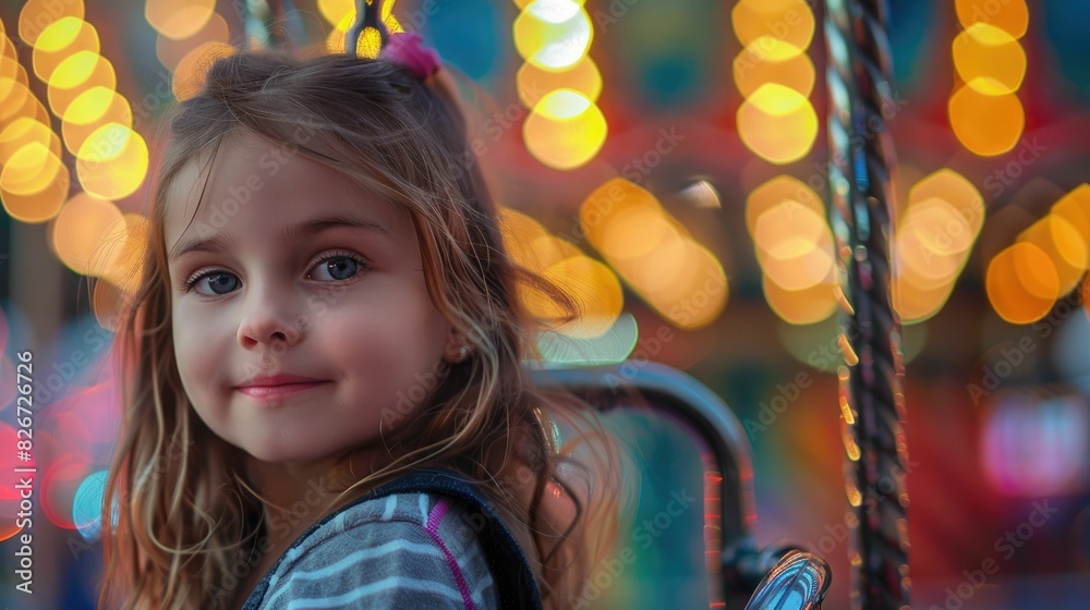 A smiling little girl gazes up at the ferris wheel with wonder, her ...