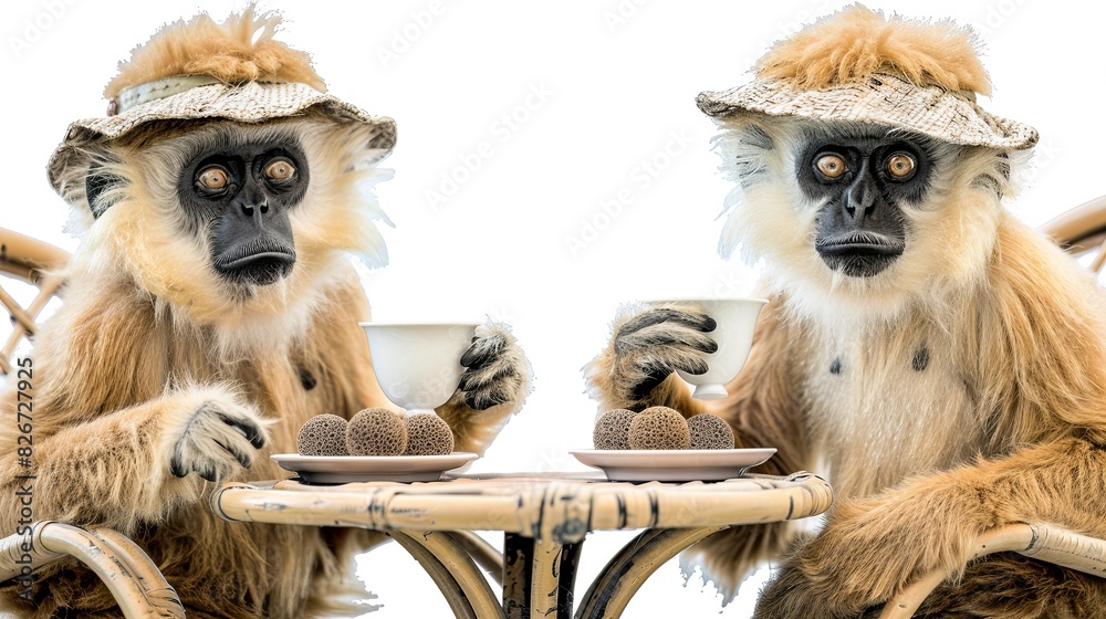 Two stuffed animals sitting around a table with cups of tea or coffee ...