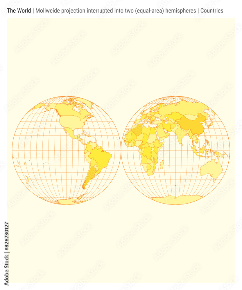 World Map. Mollweide projection interrupted into two (equal-area ...