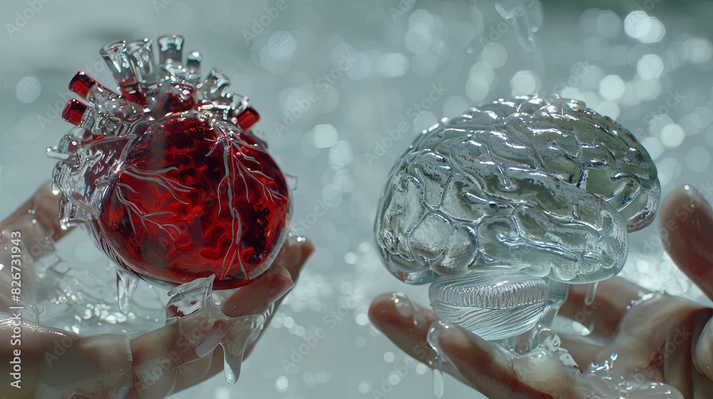 Two hands, one holding a transparent anatomical model of a brain, the ...