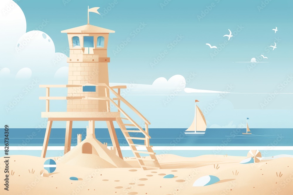 Flat design beach illustration featuring a sandcastle building activity ...