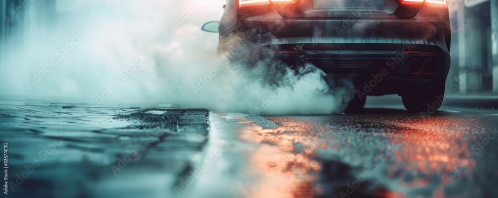 A car is emitting thick exhaust smoke, filling the air behind it. The ...