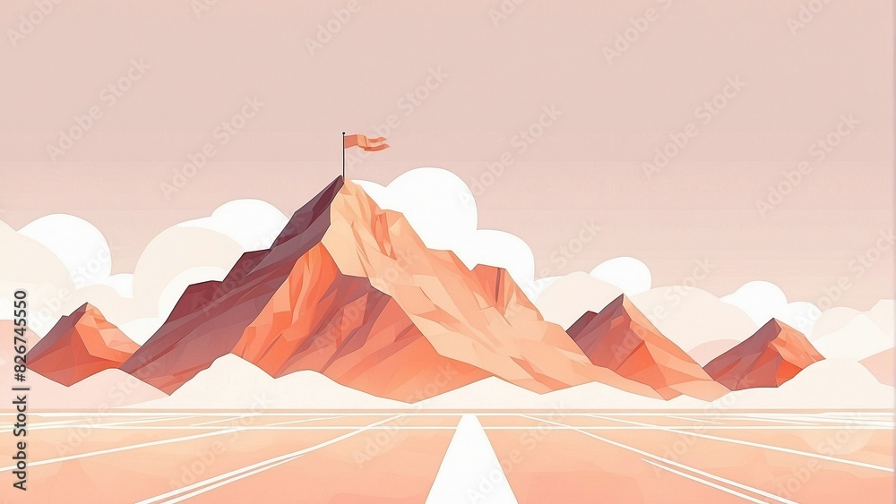 Mountains and red flag at the top of the mountain illustrated animation ...