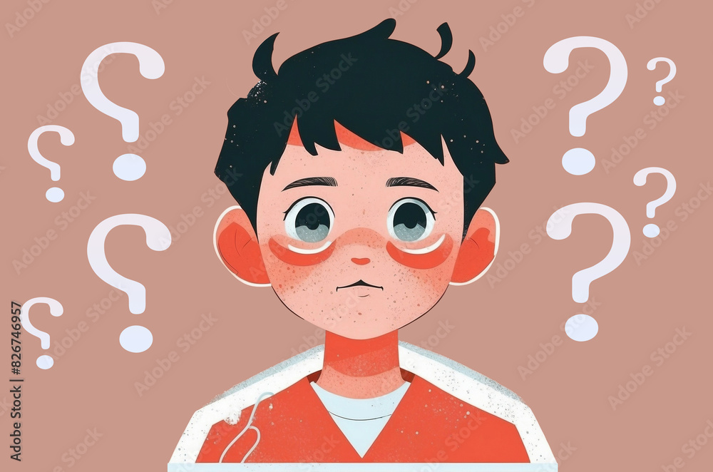 Sad boy with question marks around his head. concept of confusion ...