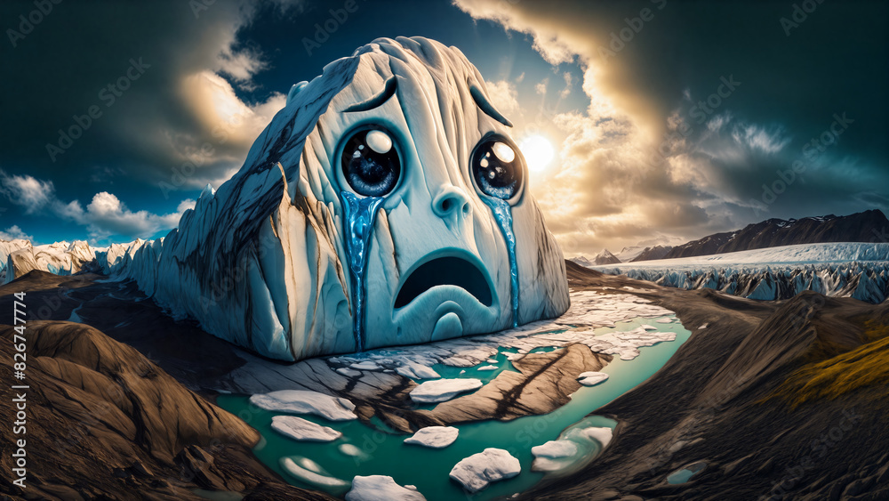 Surreal melting / crying glacier, illustration depicting climate change ...
