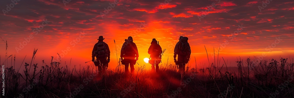 sunrise over the horizon casting long shadows of hunters on the hunt captured with silhouette ...