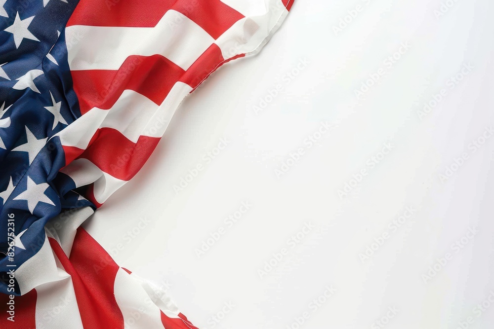 American flag draped on white background. Patriotic theme and national ...