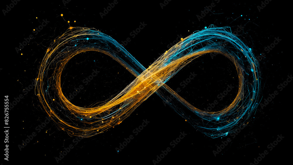 Infinity symbol with glowing particles on black background. concept of ...