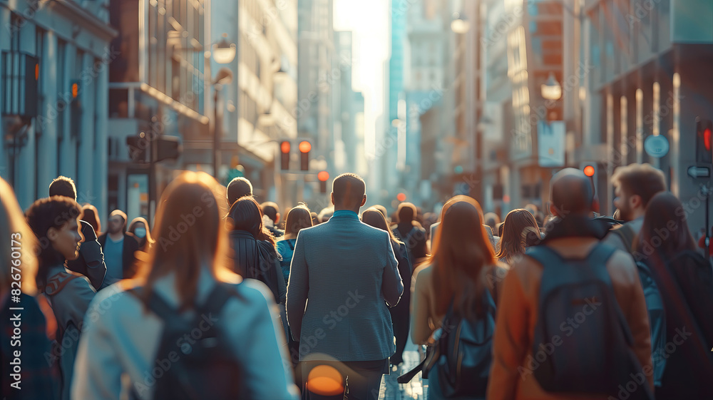 A large group of office workers go to work. Crowded streets of business ...