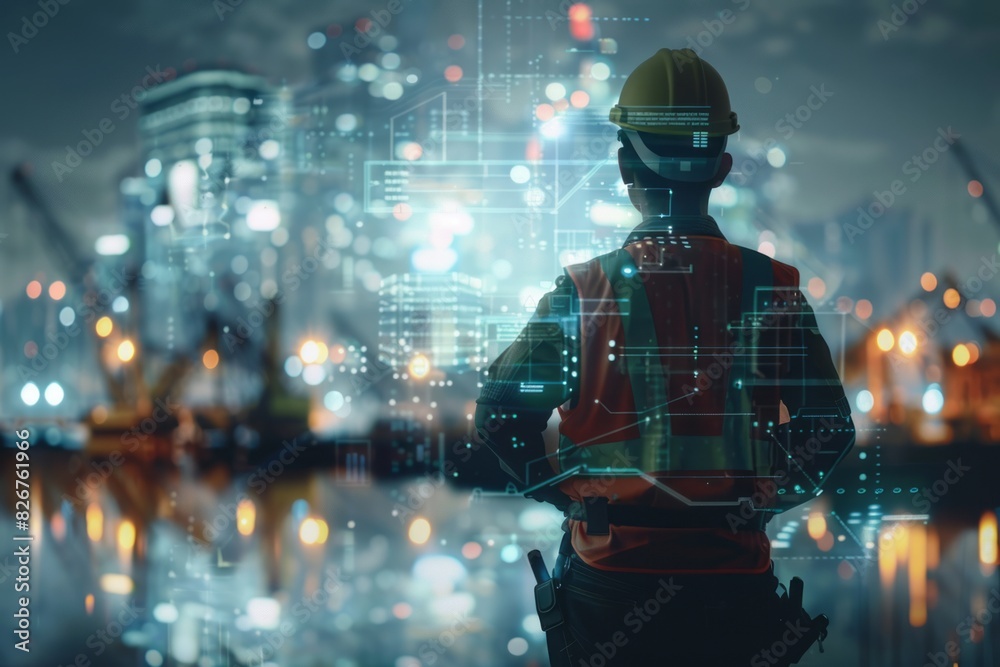 ภาพประกอบสต็อก Futuristic Concept: Civil engineer using a digital ...