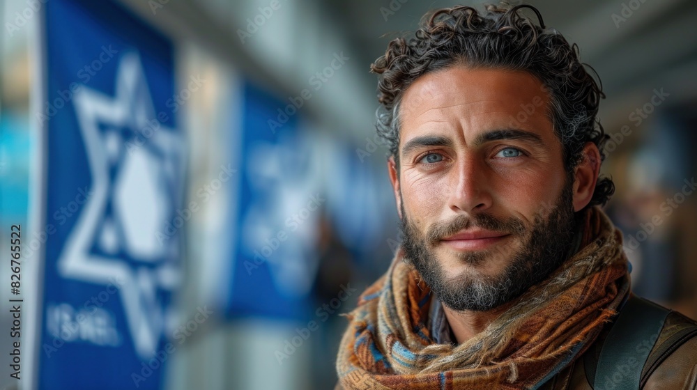 A close-up portrait of a handsome male traveler in front of the Israeli ...