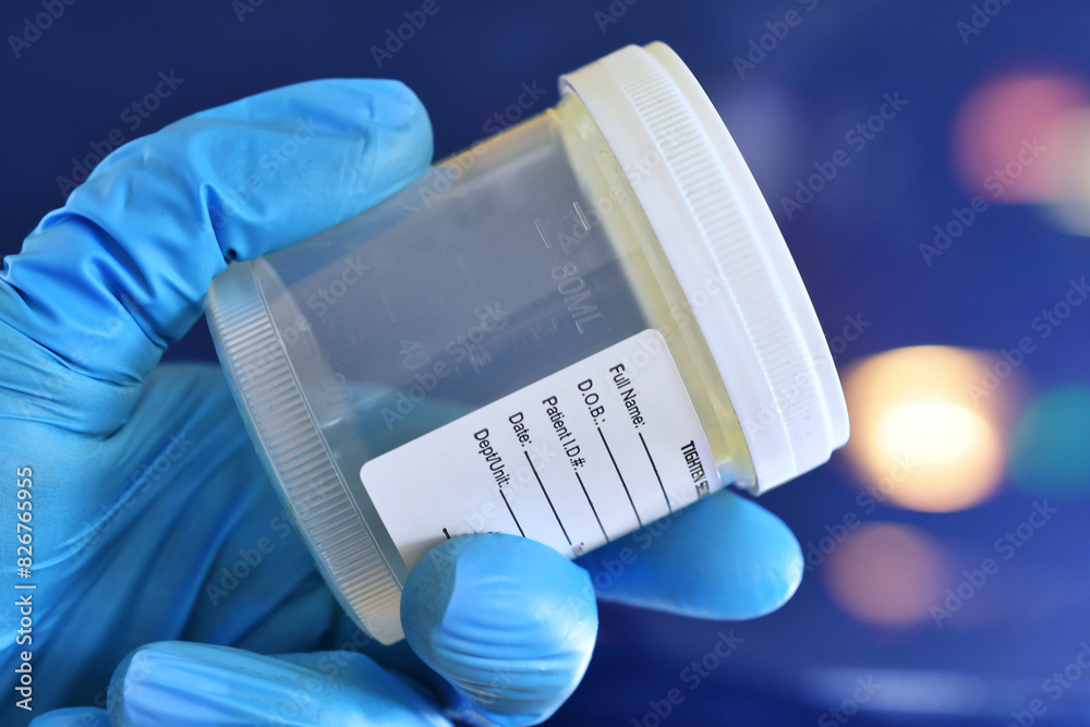 Medical personnel doctor nurse holding urine, semen or stool specimen ...