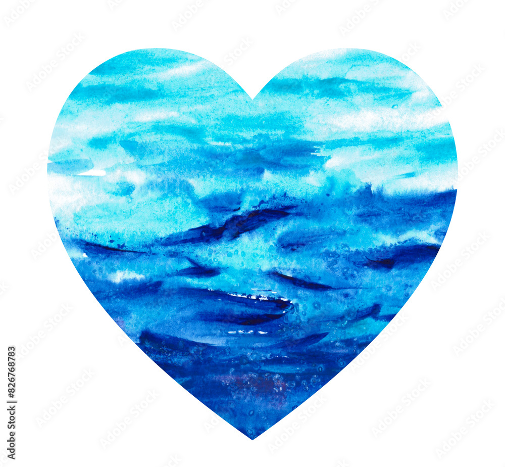 Watercolor blue heart ocean on a white background. The heart of the sea ...