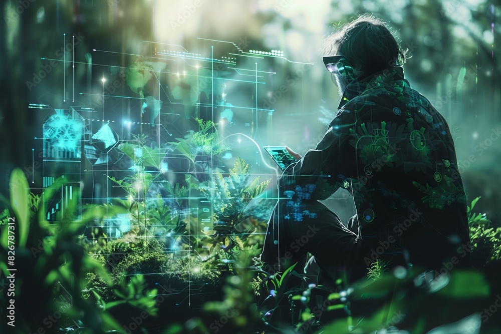 Environmental scientist with ecosystem monitoring tools, in field ...