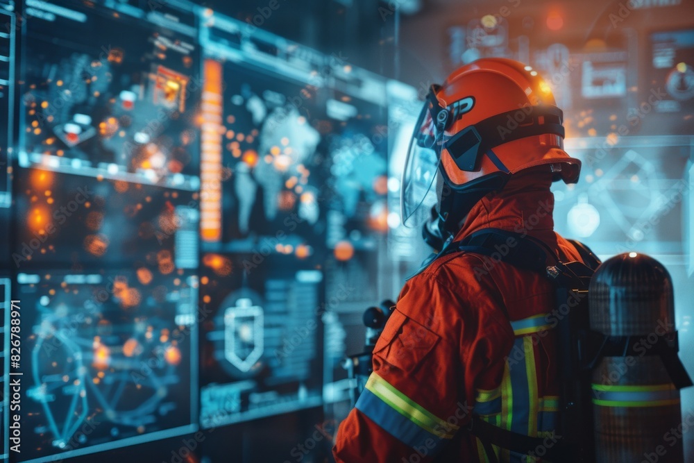 Futuristic Concept: Firefighter with emergency response management ...