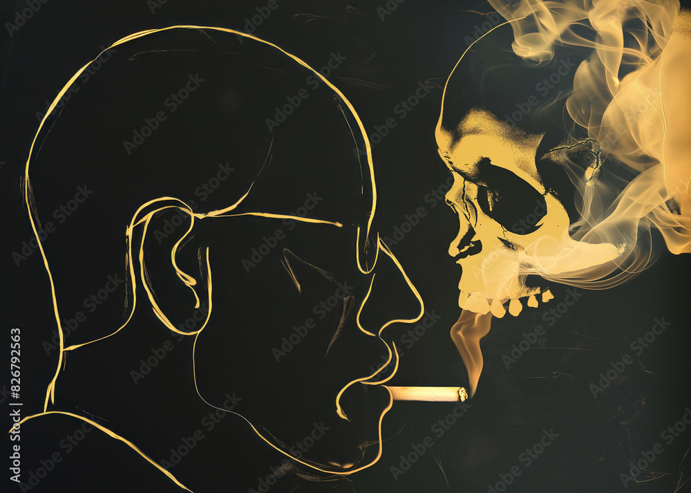 Gloomy art illustration of man smoking cigarette and human skull shape ...