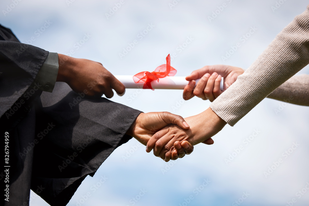 Student, people and handshake with certificate for graduation on campus ...