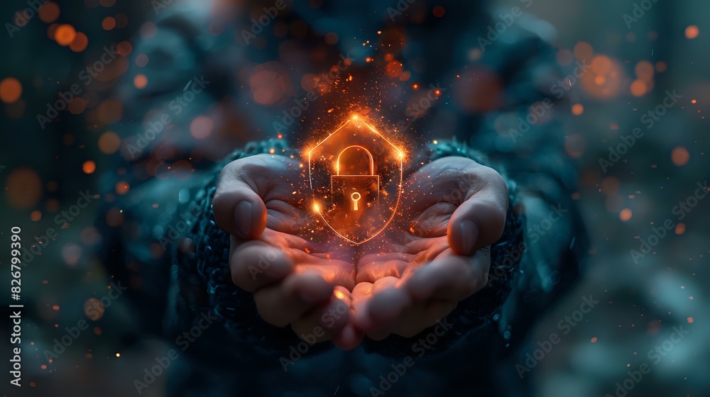 Hands holding a glowing lock icon inside a house symbol, representing ...