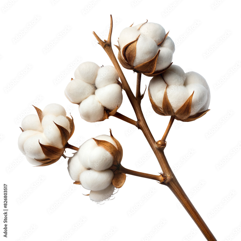 Cotton bolls clustered on a single branch, showing natural texture and ...
