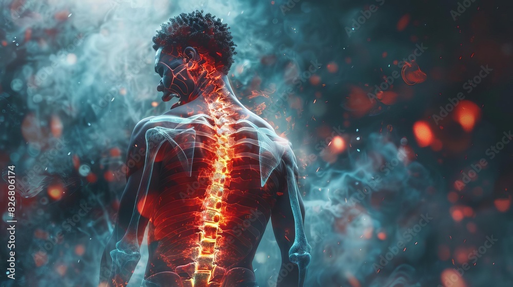 Athlete suffering from back pain injury, midaction, detailed grimace ...