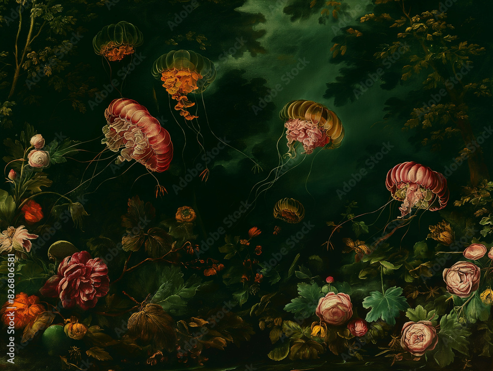 Surreal art fantasy scene secret mysterious garden of flowers and ...
