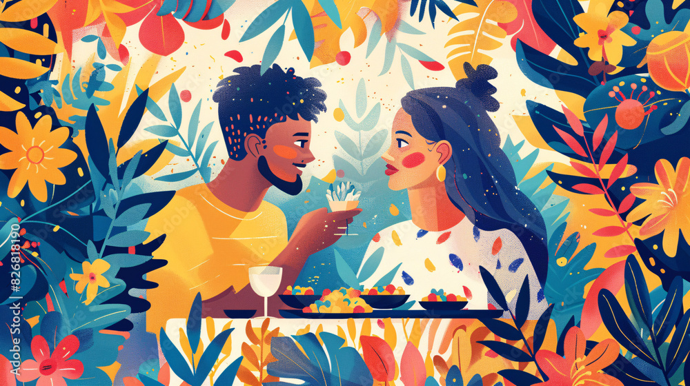 Illustration of a couple with different cultural backgrounds sharing a ...