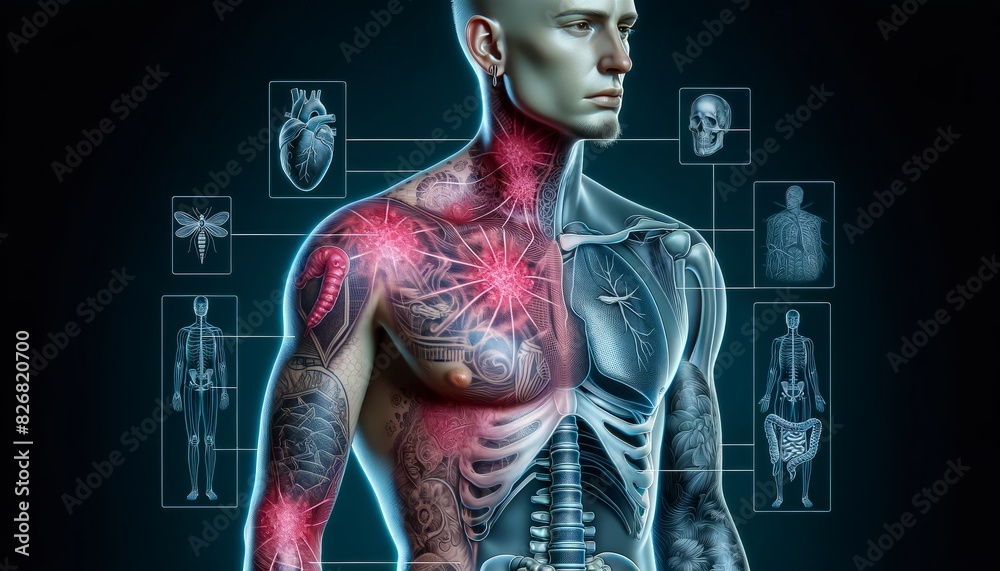 Medical Illustration of Allergic Reaction to Tattoo Dye on Human Skin.A ...